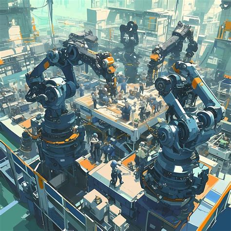 Premium Photo Futuristic Manufacturing Facility With Advanced Robotics And Workers