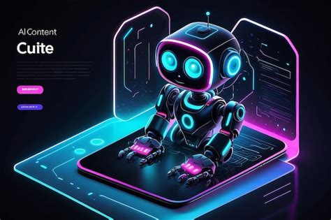 Cute Neon Cartoon Robot Ai Content Generator Chatbot Technology Isometric Premium Ai Generated