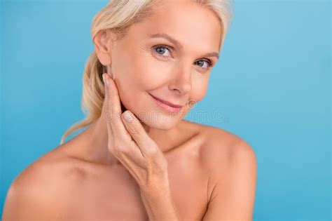 Photo Of Cute Shiny Elderly Lady Naked Shoulders Arm Touch Cheekbone
