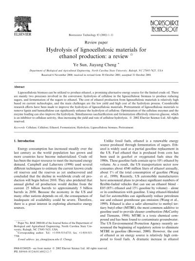 Hydrolysis Of Lignocellulosic Materials For Ethanol Production A Review