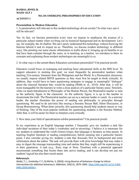 Activity 1 Perennialism In Modern Education Basbas Basbas Jonel D
