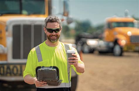 Man Driver With Lunch Box Truck Driver Having Take Away Lunch Drink