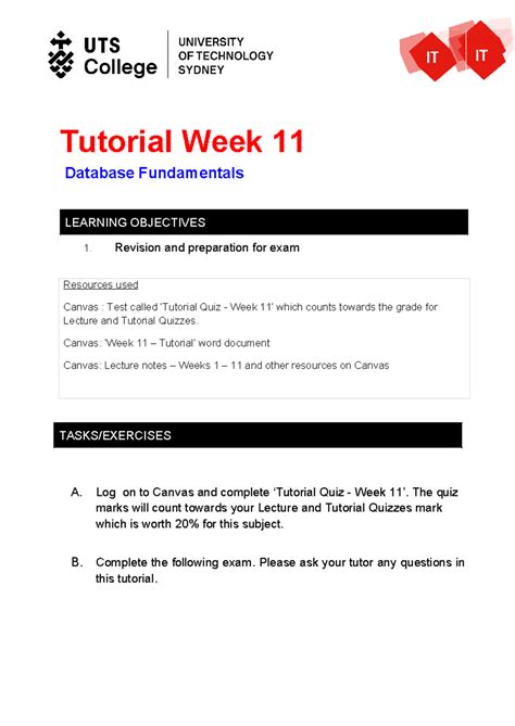 Week 11 Tutorial Week 11 Tutorial Week 11 Database Fundamentals Learning Objectives 1