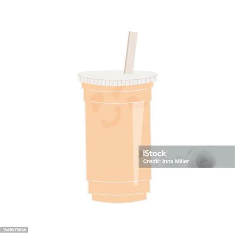 투명한 플라스틱 컵과 빨대에 담긴 라떼 또는 카푸치노 아이스 커피 밀크티 아시아 테이크 아웃 흰색 배경에 격리된 트렌디한 미니멀리스트 스타일의 컬러 평면 벡터 삽화 각얼음에