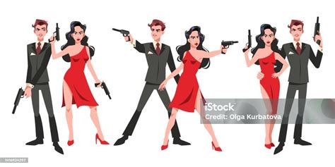 비밀 슈퍼 에이전트 커플 만화 남자와 여자는 무기 다른 포즈 빨간 드레스와 공식적인 정장 총을 가진 신사와 숙녀 범죄자를 가진