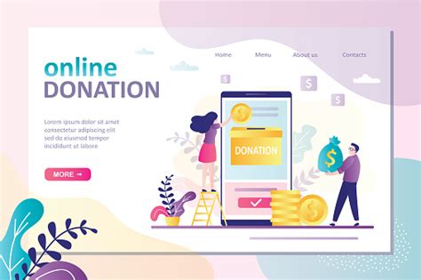 만화 캐릭터는 온라인 결제로 돈을 기부합니다 도움이 필요한 사람들을 위한 자선 기금 모금 및 지원 기부 테마에 방문 페이지 템플릿 배경 주제에 대한 스톡 벡터 아트 및 기타
