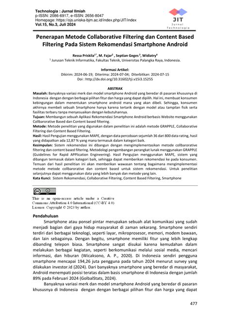 Pdf Penerapan Metode Collaborative Filtering Dan Content Based Filtering Pada Sistem