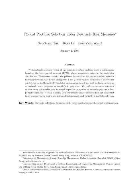 Pdf Robust Portfolio Selection Under Downside Risk Measures
