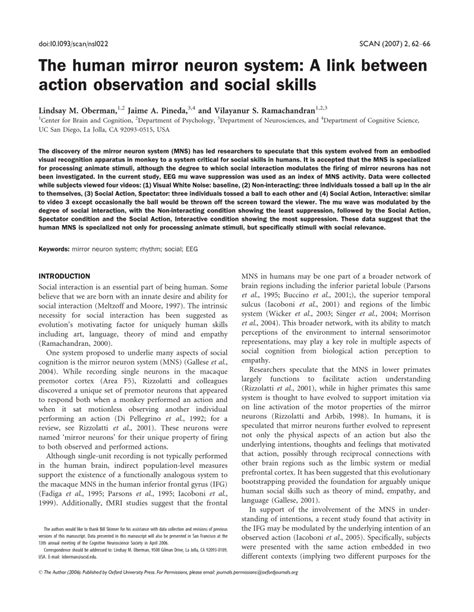 Pdf The Human Mirror Neuron System A Link Between Action Observation And Social Skills