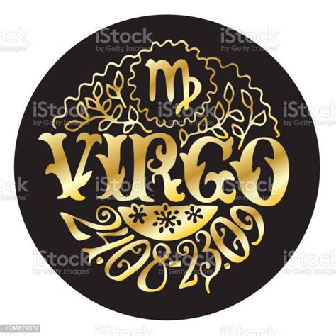 조디악 사인 처녀자리 아르 데코 스타일의 별자리 벡터 일러스트레이션 골드 핸드 레터링라운드 블랙 백 이 구성은 꽃 장식으로 장식되어 있습니다 천문학 적 데이터 0명에 대한