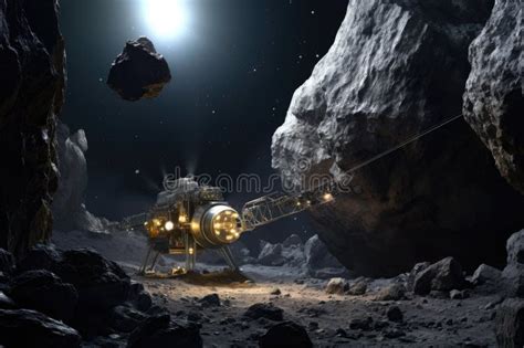 Spacecraft Deploying Mining Equipment On Asteroid Stock Illustration
