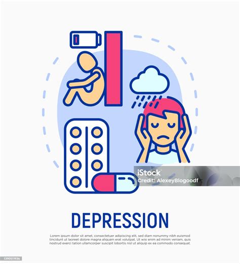 얇은 선 아이콘 작업 피로 외로움 무서운 남자 우울증 개념 벡터 그림입니다 개념에 대한 스톡 벡터 아트 및 기타 이미지 개념