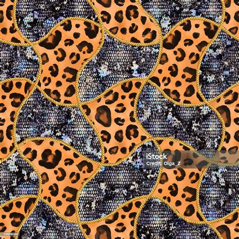 골든 체인 글 래 머 스네이크 스킨와 표범 모피 완벽 한 패턴 일러스트입니다 황금 사슬 수채화 텍스처입니다 가죽에 대한 스톡 벡터 아트 및 기타 이미지 Istock