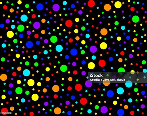 다채로운 벡터 배경 인사말 카드에 대한 매끄러운 패턴 검은 색에 무지개 직물에 대한 밝은 점선 인쇄 색상은 크기가 다릅니다 새해 파티를위한 작고 큰 색종이 불꽃놀이 오락