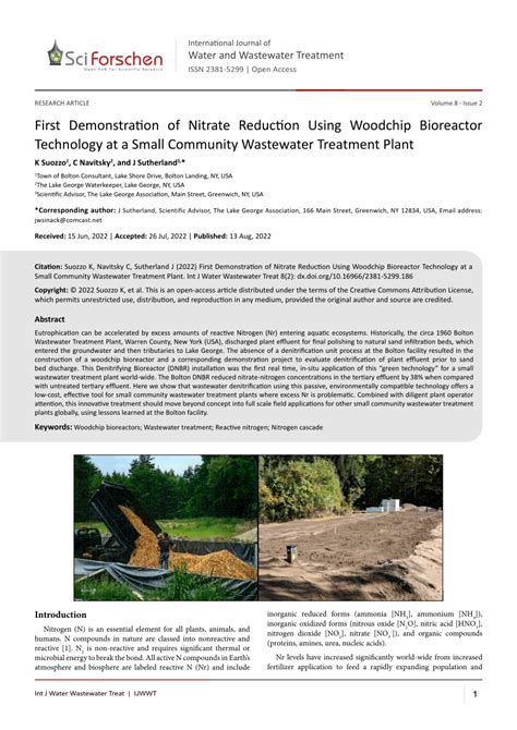 Pdf First Demonstration Of Nitrate Reduction Using Woodchip Bioreactor Technology At A Small