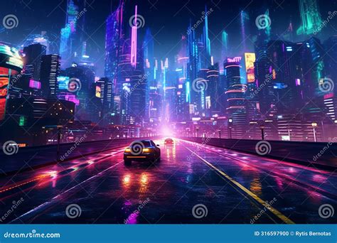 Futuristic City Nightscape Stock Illustration Illustration Of Road