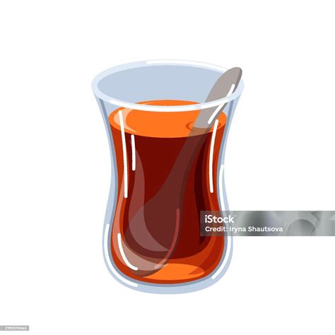 숟가락 만화 스타일로 튤립 모양의 유리에 담긴 전통적인 터키 차 음료 디자인 터키 문화 테마 카페 레스토랑 메뉴 또는 차