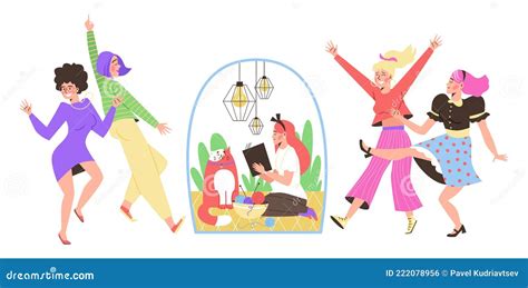 Extrovert And Introvert Comparison Outdoors And In Spare Time Vector
