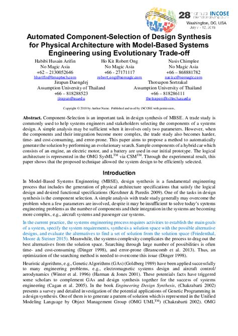 Pdf Automated Component Selection Of Design Synthesis For Physical Architecture With Model