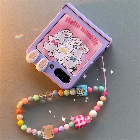 모이마트 갤럭시 Z 플립5 플립4 플립3 제트 Flip 파스텔 보라 토끼 귀 비즈 구슬 스트랩 힌지 보호 큐티 핸드폰 케이스