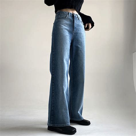 [핏보장 유니크ෆ] 하이웨스트 캣브러쉬 워싱 롱 와이드 진청 데님팬츠 에이블리