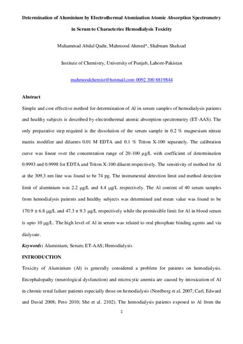 Pdf Determination Of Aluminium By Electrothermal Atomization Atomic Absorption Spectrometry In