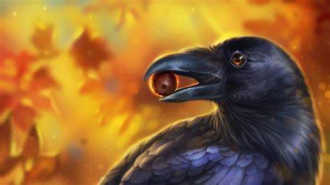Download Wallpaper 1920x1080 Crow Bird Art Beak Acorn Leaves Full