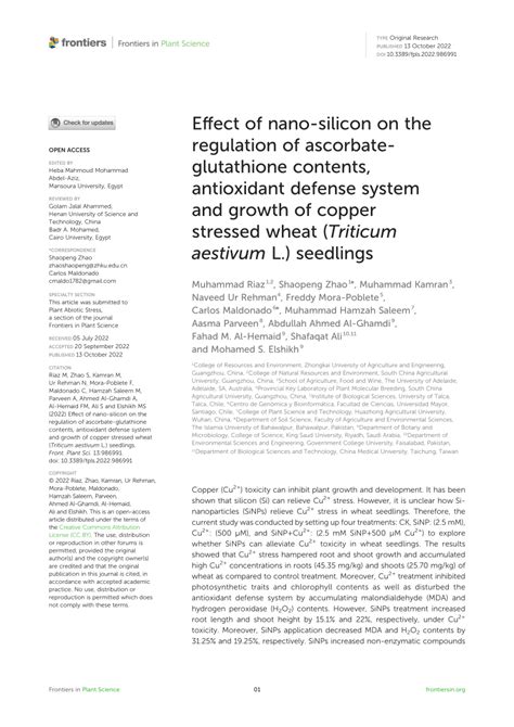 Pdf Effect Of Nano Silicon On The Regulation Of Ascorbate Glutathione Contents Antioxidant