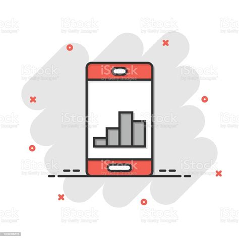 만화 스타일의 전화 다이어그램 아이콘 흰색 고립 된 배경에 스마트 폰 성장 통계 만화 벡터 그림 가젯 분석 스플래시 효과 비즈니스 개념 휴대전화에 대한 스톡 벡터 아트 및