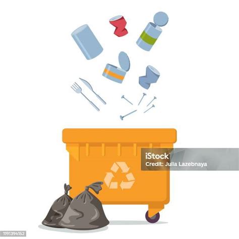 금속 세트에 대한 노란색 재활용 쓰레기통 배너 전단지 재활용 재사용 감축을 위한 폐기물 캔 분리 올바른 쓰레기통에 금속을 버리 캔 금속 도구 손톱 가방나사 0명에 대한 스톡