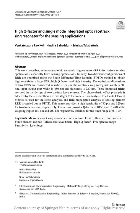 High Q Factor And Single Mode Integrated Optic Racetrack Ring Resonator