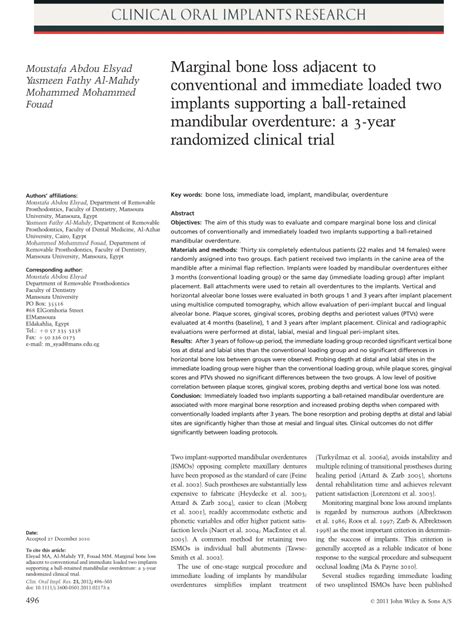Pdf Marginal Bone Loss Adjacent To Conventional And Immediate Loaded Two Implants Supporting A