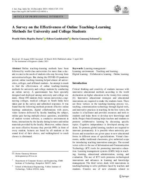 pdf a survey on the effectiveness of online teaching learning methods