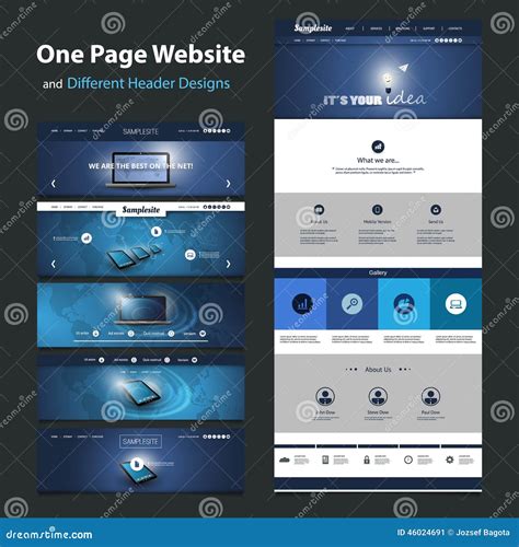 one page website template and different header designs stock vector