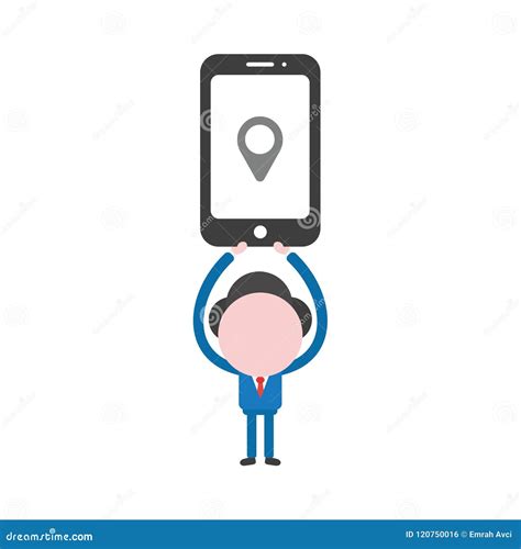 Vector Businessman Character Holding Up Smartphone With Map Pointer