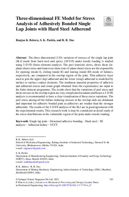 Pdf Three Dimensional Fe Model For Stress Analysis Of Adhesively
