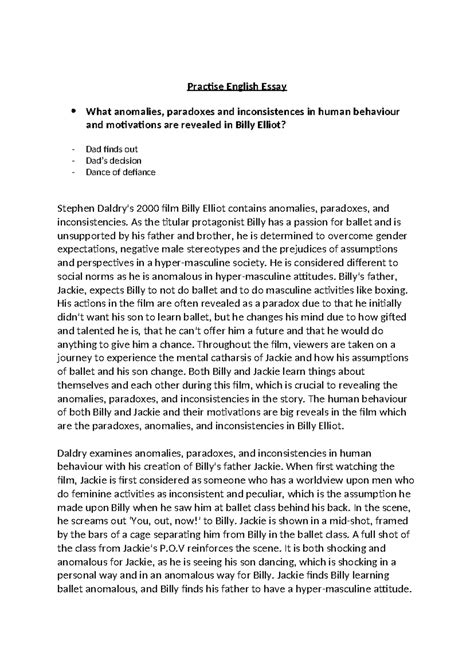 Billy Elliot Practice Essay Practise English Essay What Anomalies