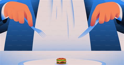 작은 햄버거를 먹는 큰 남자 다이어트 비용 감소 개념 벡터 일러스트 레이 션입니다 벡터 Unsplash의 그림 이미지