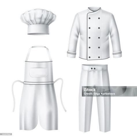 현실적인 요리사 유니폼 요리 옷 요소 전문 작업복 흰색 모자 앞치마 바지 및 재킷 전통 모자 3d 격리 요소 레스토랑 의상 전체 벡터 세트 앞치마에 대한 스톡 벡터 아트 및