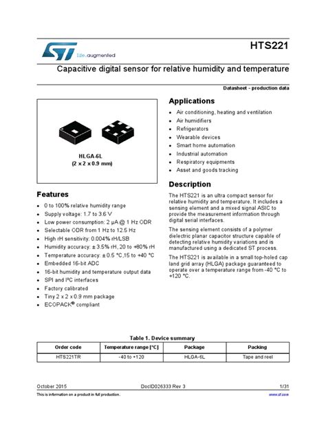 Hts221 Humidity And Temp Sensor Digital Pdf Digital Electronics