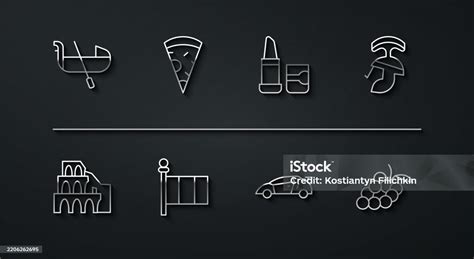 세트 라인 곤돌라 로마의 콜로세움 로마 군대 헬멧 스포츠 경주 용 자동차 국기 이탈리아 피자 조각 포도 과일 및 립스틱 아이콘 벡터 검은색에 대한 스톡 벡터 아트 및 기타