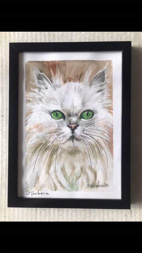 Коте със зелени очи Картина с акварелни бои 15 Cm 21 Cm Хартия Силвия Тошева Оригинал Ка