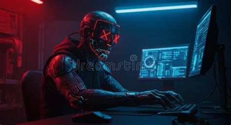 cyborg hacker robot hacks into a computer cybersecurity of the future