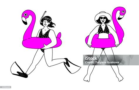 풍선 핑크 플라밍고와 쾌활한 귀여운 여자 트렌드 일러스트는 낙서 스타일로 손으로 그려집니다 흰색 배경에서 격리된 벡터 그림입니다 지느러미와 마스크에 소녀는 수영을 실행 검은