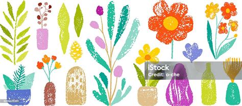 꽃병 꽃 벡터입니다 꽃병과 냄비 그림에 식물과 꽃 크레용 낙서 귀여운 디자인 심플한 플랫 브러쉬 하우스 부케 관엽 식물 크레용