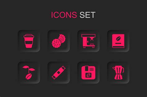 설탕 스틱 패킷 쿠키 또는 비스킷 커피 컵 커피 원두 가방 책 메이커 모카 포트 기계 및 아이콘을 설정합니다 벡터 가방에 대한