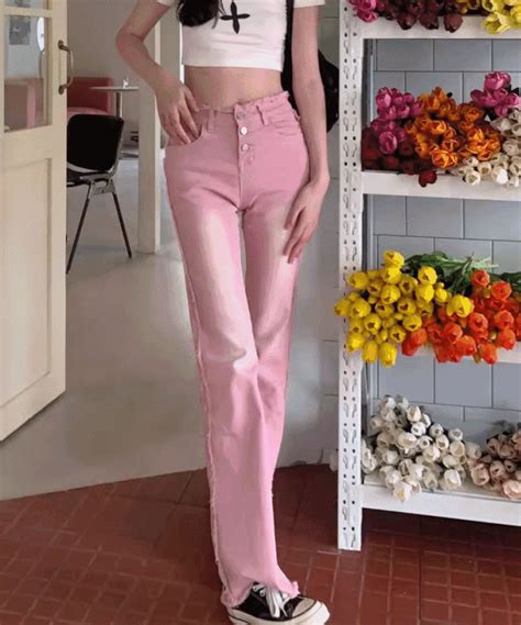 핑크 워싱 하이웨스트 포인트 Y2k 힙한 유니크 데님 부츠컷 팬츠 컷팅 바지