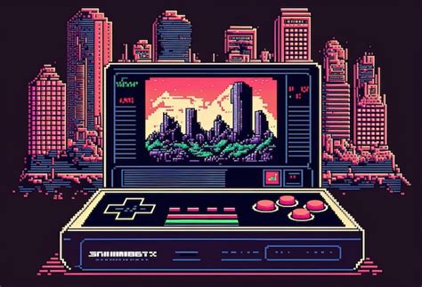 Premium Photo Pixel Art Old Video Game Console In Cityscape Background In Retro Style For 8