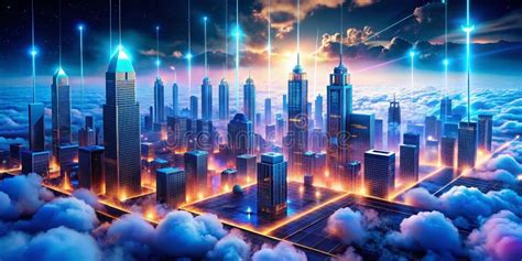 A Vision Of The Future Isometric Cloud City Depicts Advanced Data Centers Cloud Computing And