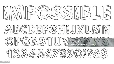 불가능한 모양 글꼴입니다 역설 알파벳 문자 와 숫자 기하학적 Abc 그림 벡터 일러스트 레이션 세트 착시 불가능한 알파벳 벽돌에
